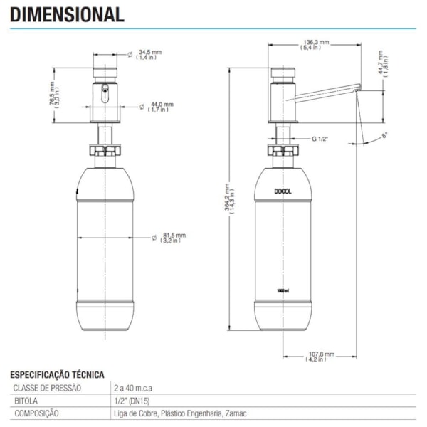 Dispenser de Sabão/Detergente Automático em Inox PressMatic DOCOL - Cod ...